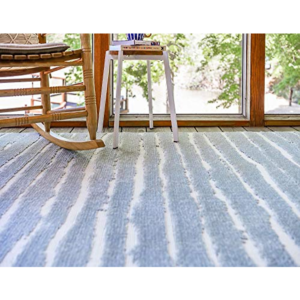 Unique Loom Sabrina Soto Outdoor Collection Geometric, Modern, Vibrant, Striped Carved Area Rug, 9 ft x 12 ft, Light Blue/Ivory