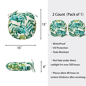 FUNHOME Bistro Chair Cushions 15 inch,Set of 2,Tufted Round Outdoor Chair Cushions 15"x15"x4",Waterproof Patio Seat Cushion with Ties for Barstool Garden Kitchen Furniture(Palm Leaf)