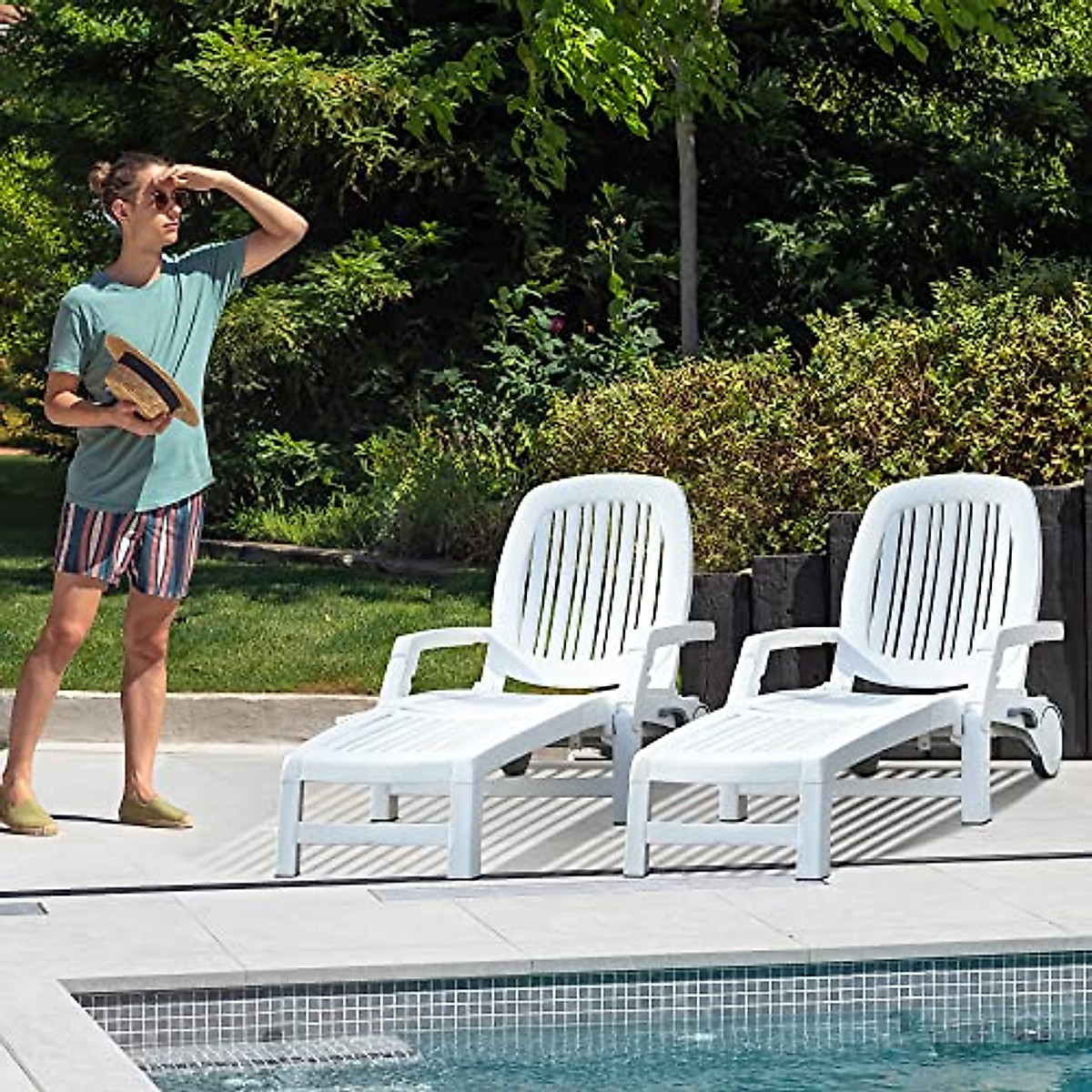 YITAHOME Outdoor Folding Chaise Lounge Chair with 6 Adjustable Backrests, Foldable Poolside Lounger with Wheels, Plastic Recliner for Patio, Beach,Easy Assembly, Lightweight, Waterproof, White (1)