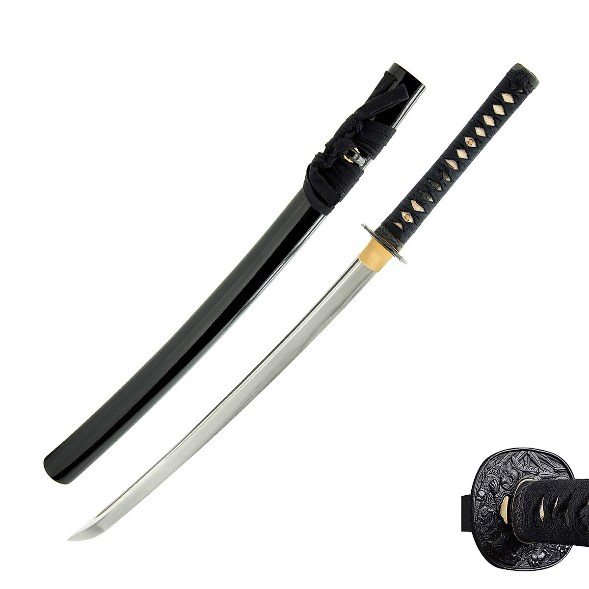 HMS Unsharpened Iaido Training Wakizashi Sword, Stainless Steel, Full Tang, Samurai Bamboo Tsuba, Black Scabbard