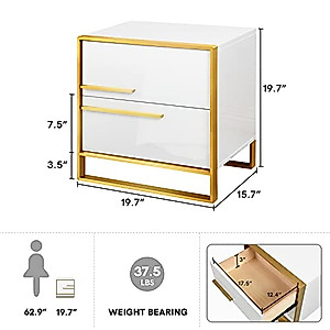 HERNEST Modern Nightstand Storage Cabinet with Solid Wood 2 Drawers Sofa Bedside End Table Glam Steel Frame Accent Furniture Without Assembly for Bedroom/Living Room/Salon/Office, Left White