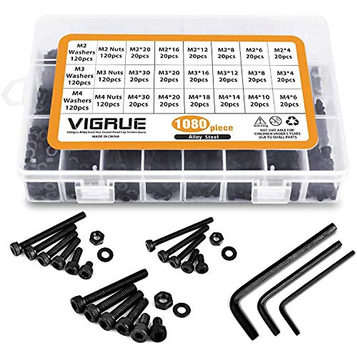 VIGRUE 1080Pcs M4 M3 M2 Socket Head Cap Screws Bolts Nuts Washers Assortment Kit with Allen Wrenches, Small Metric Screws Set Assortment, Black Screws Class 12.9 Alloy Steel
