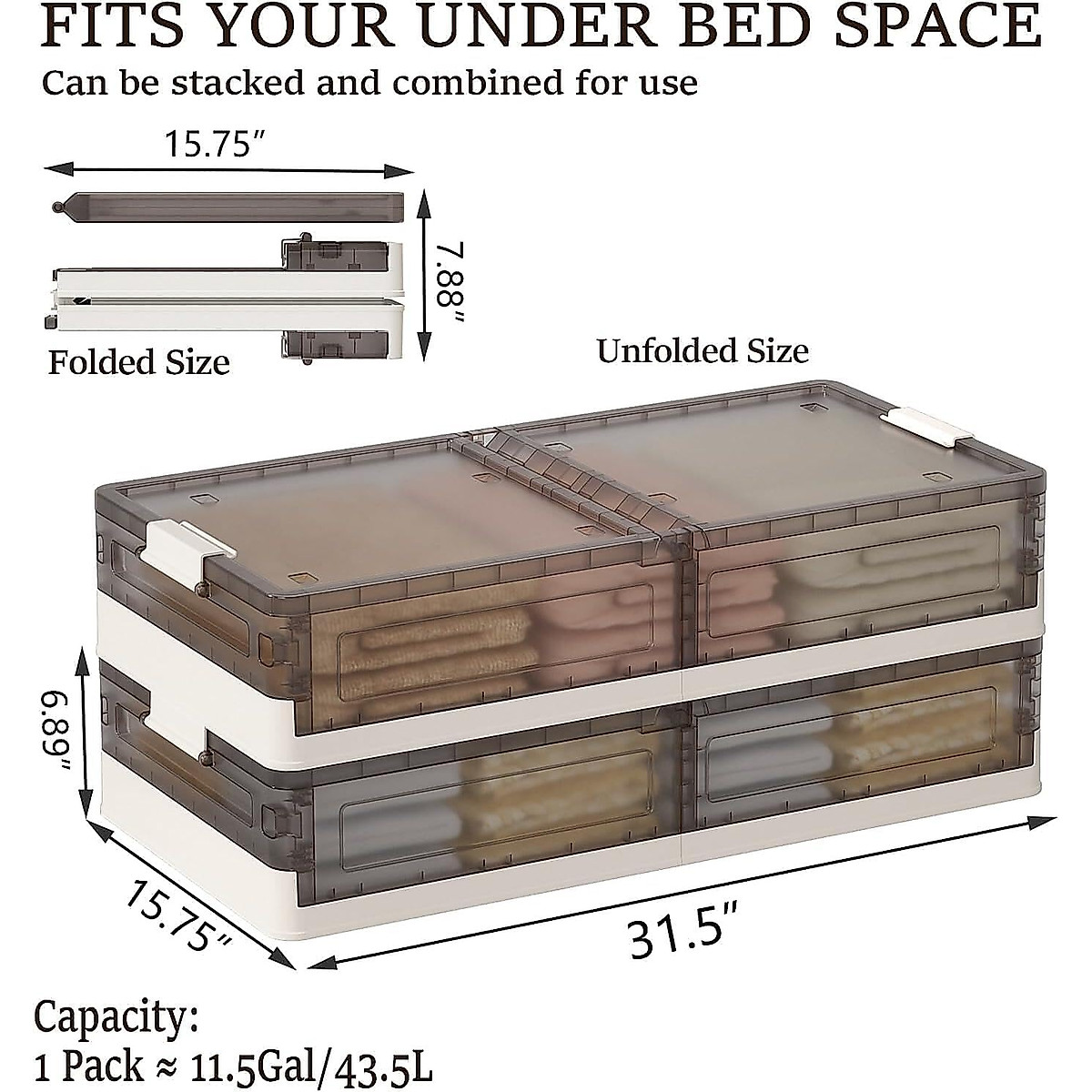 Under Bed Storage Containers, Stackable Under Bed Rolling Storage Plastic Containers, 11.5Gal Storage Bins with Wheels, Multi-purpose Storage Bins with Lids for Clothes, Shoes, And Duvets