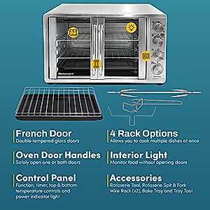 Elite Gourmet ETO4510B French Door 47.5Qt, 18-Slice Convection Oven 4-Control Knobs, Bake Broil Toast Rotisserie Keep Warm, Includes 2 x 14" Pizza Racks, Stainless Steel