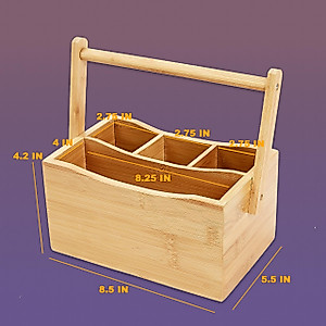 YBM Home Bamboo Flatware Utensil Caddy with Napkin Holder and Handle, Wood Picnic Basket for Kitchen and Camping Trip, 336