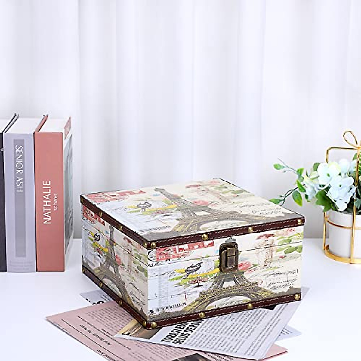 ELLDOO Treasure Chest Box with Latch, Wooden + PU Leather Storage Decorative Box for Jewelry Trinkets Collections, Antique Keepsakes box for Girls Women Gifts, Large