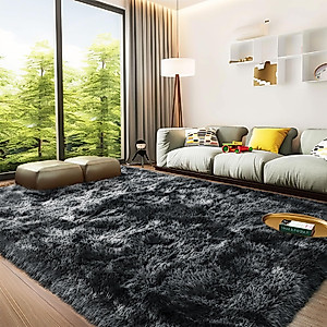 Shaggy Soft Fluffy Rug Non-Slip Indoor Floor Carpet for Living Room Anti-Skid Indoor Carpet Tie-Dyed Black Grey 2x3 Feet