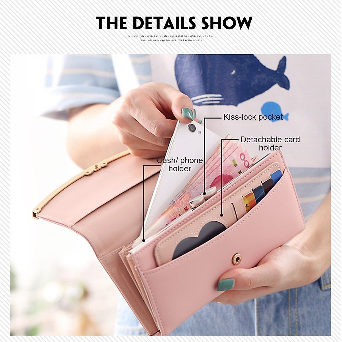 WOOLALA Women Cute Bowknot Wallet Trifold Large Capacity Long Purse