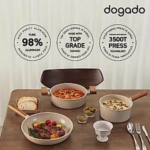 dogado Organic Frying Pan & Pot with Wood Handle, Nonstick Ceramic Cookware, Multipurpose Skillet, Sand Beige (Frying Pan)