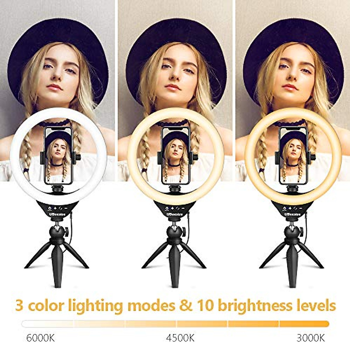 UBeesize 10" Selfie Ring Light with Tripod Stand & Cell Phone Holder, Dimmable Desktop LED Circle Light for Live Streaming/Makeup/YouTube/TIK Tok, Compatible with iOS and Android Phones