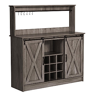 4 EVER WINNER Farmhouse Coffee Bar Cabinet with 9 Racks, Sideboard Buffet Cabinet for Liquor with 6 Hooks & Adjustable Shelves, Large Wine Bar Cabinet for Kitchen Dining Room, Wash Grey