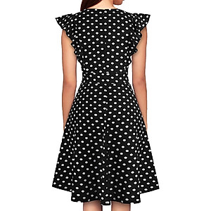 YATHON Women's Vintage Ruffle Floral Flared A Line Swing Casual Cocktail Party Dresses (S, YT001-Black Dot)