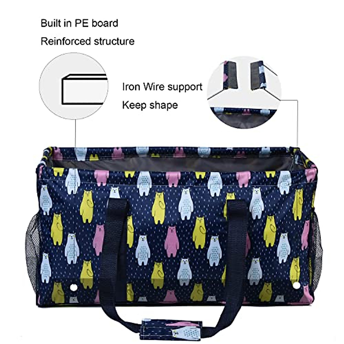 Extra Large Utility Tote Bag Beach Bag Reusable Grocery Bags Collapsible Tote with Wire Frame for Groceries Storage Picnic Blue bear