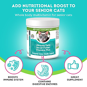 ONLY NATURAL PET Ultimate Daily Senior Feline Multivitamin w/Taurine & L-Lysine – Nutritional Supplement Powder for Adult & Older Cats – Immune & Joint Support – Complete Vitamin Formula, 3.2oz