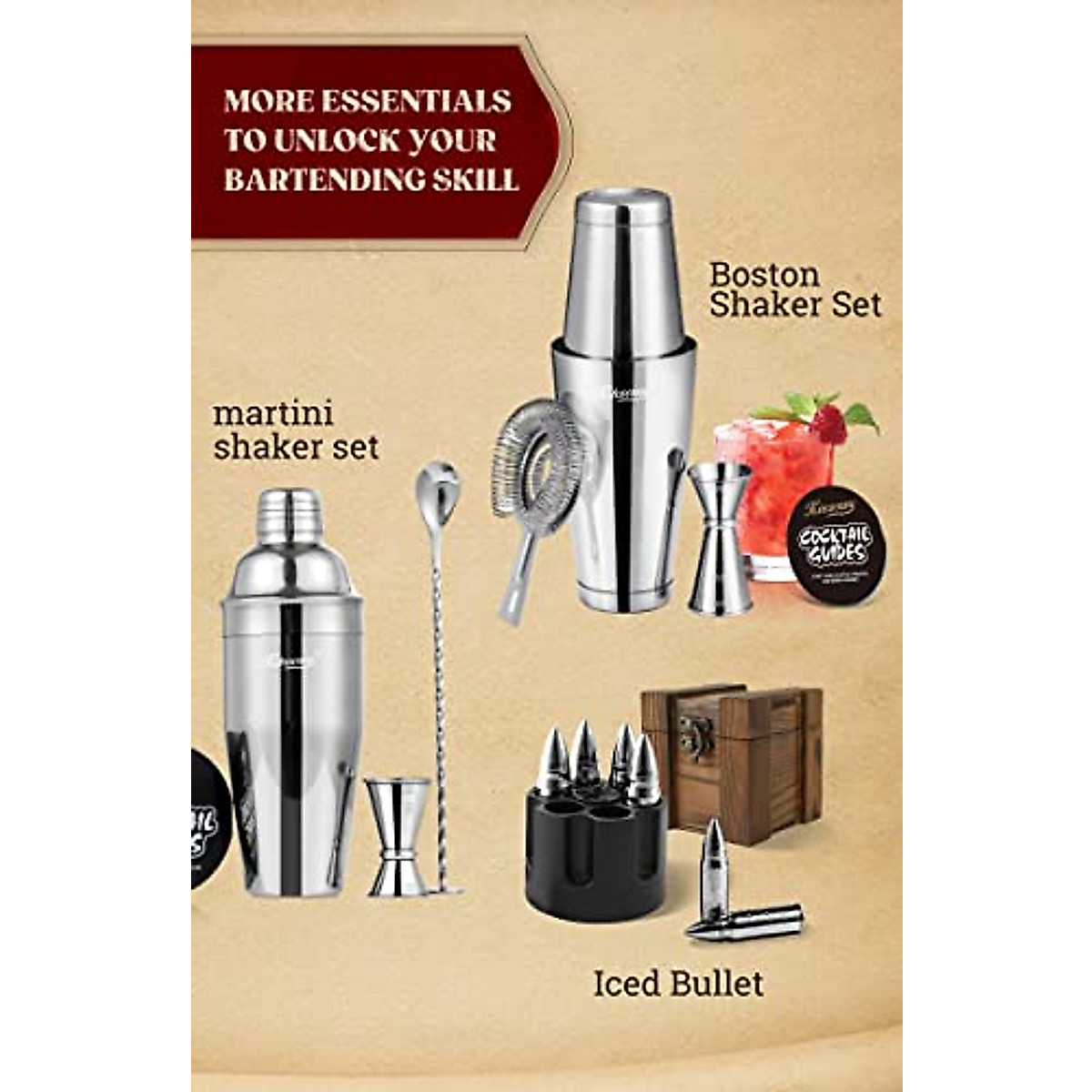 KITESSENSU Boston Cocktail Shaker Set, 4-Piece Boston Shaker Tins Bartender Kit with 18oz & 28oz Mixed Drink Shaker, Hawthorne Strainer, Double Measuring Jigger, Cocktail Recipe Cards Included