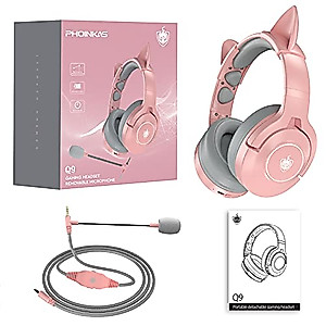 PHOINIKAS Wireless Gaming Headset with Cute Cat Ears, Wired for PS5, PS4, PC, Nintendo Switch, Q9 Over Ear Kitty Headphones with Detachable Mic, Bluetooth Headphones for Phone, Gift for Girls (Pink)