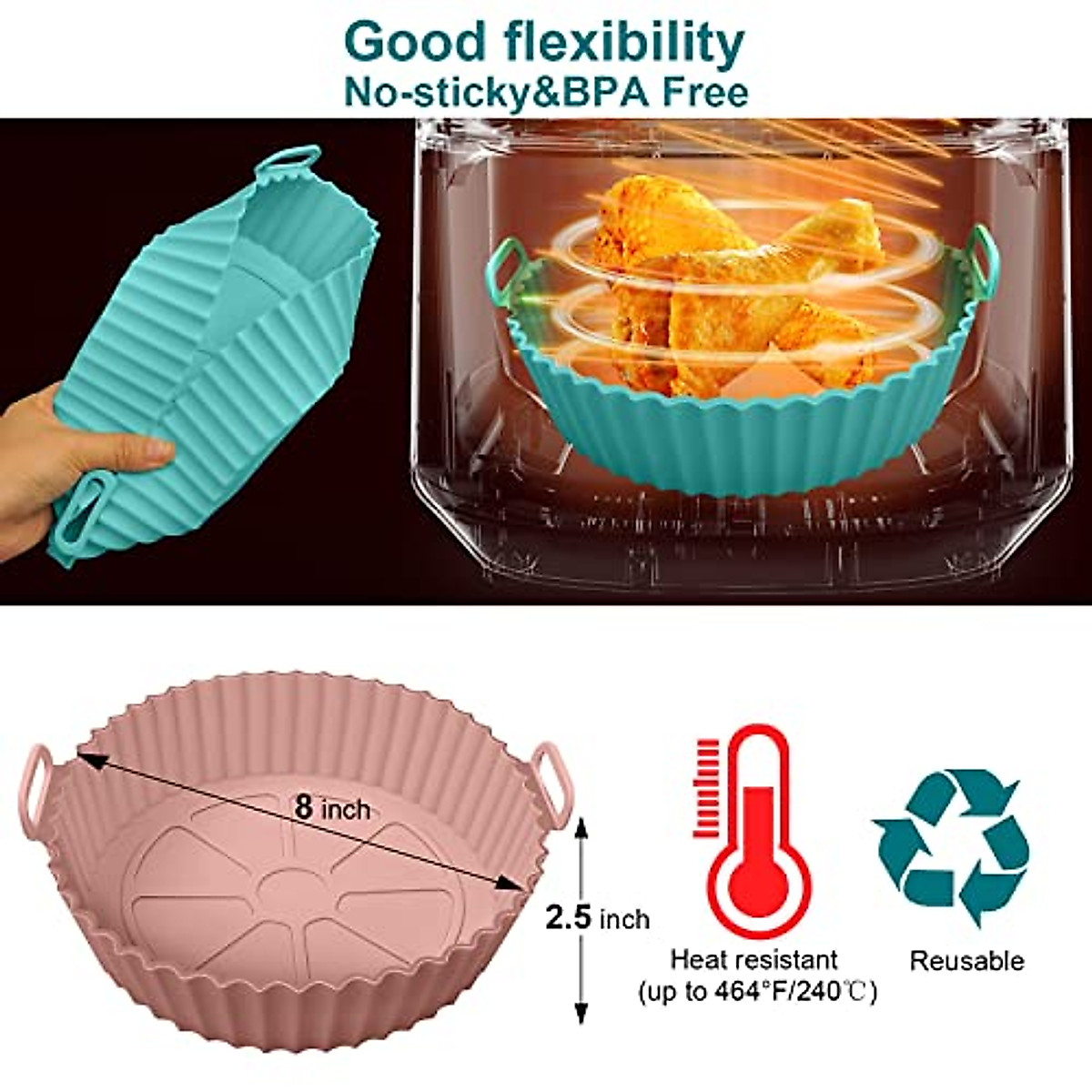 Air Fryer Silicone Pot, XIILSIE 2Pcs Round Food Safe Non Stick Air Fryer Basket Accessories, Reusable Replacement of Flammable Parchment Liner Paper Fits 3QT - 5QT Air Fryer