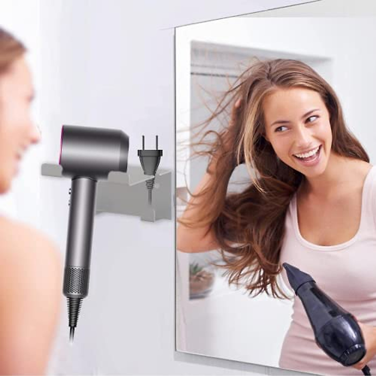 Hair Dryer Holder Wall Mounted - Hanging Blow Dryer |Blow Dryer Holder Rack for Dyson Supersonic Hair Dryer Stainless Steel, Hair Dryer Rack for Bathroom | Black (White)
