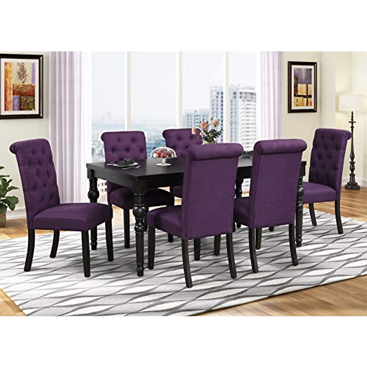 Roundhill Furniture Leviton Urban Style Dark Washed Wood Dining Set: Table and 6 Chairs, Purple