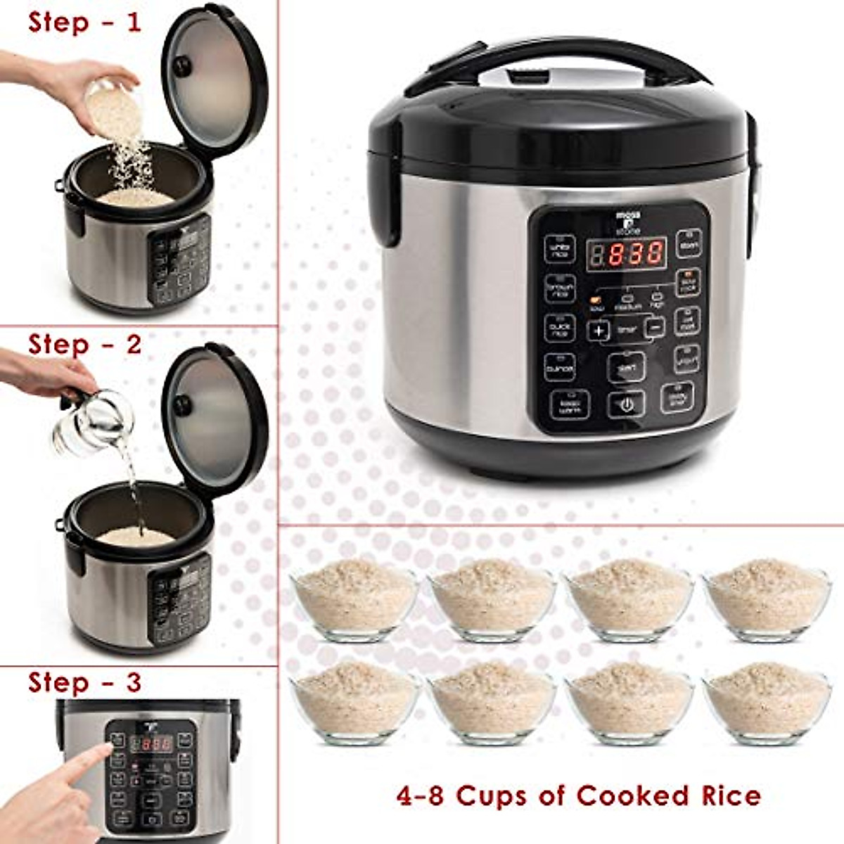 Moss & Stone Electric Multicooker Digital Rice Cooker Small 4-8 Cup 10 Pre-Programmed Settings Brown & White Rice / Food Steamer, Slow Cooker Electric Cooker With Steamer For Vegetables, Nonstick Pot Stainless Steel Rice Cooker