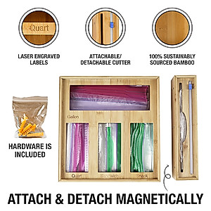 2 in 1 Bamboo Ziplock Bag Organizer for Drawer w/MAGNETICALLY DETACHABLE Plastic Wrap Dispenser with Cutter, Wall Mount Plastic Bag Organizer, 4 Size Gallon, Quart, Snack, Sandwich Baggie Organizer