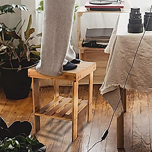 PINGEUI 2 Packs 13 Inches Bamboo Step Stool, Non-Slip Bamboo Small Seat Stool, Durable Bamboo Footrest Bench with Storage Shelf for Bathroom, Bedroom, Kitchen