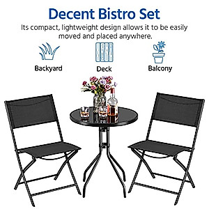 Yaheetech 3 Piece Patio Bistro Set, Outdoor Bistro Set w/2 Folding Chairs, Tempered Glass Table Top, Garden Backyard Dining Table Set All Weather Resistant Outdoor Furniture Set, Black
