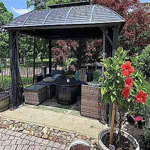 Goohome 10'x12' Hardtop Gazebo, Wooden Coated Aluminum Frame Canopy Double Roof Gazebo with Zippered Mosquito Netting and Privacy Sidewall, Outdoor Permanent Hard Top Waterproof Pergola for Shade Lawn
