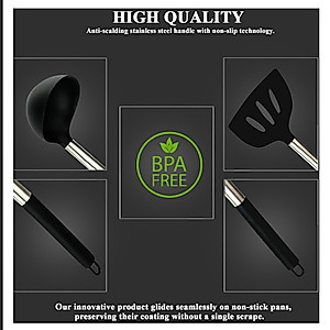15 Pieces Silicone Kitchen Utensil Set with Holder | Non Slip Stainless Steel Cooking Tool |Spatulas, Spoon, Ladle, Pasta Server, Turner, Tongs, Whisk & More | Heat Resistant 446°F | BPA Free (Black)