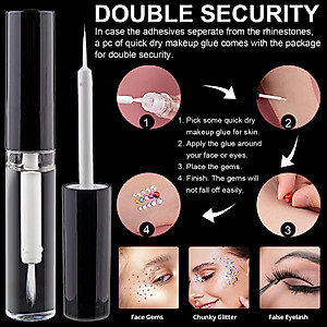 1982 Pcs of Rhinestone Stickers in 3/4/5/6/8/10mm Clear Self Adhesive Face Gems, Stick on Body Crystal Jewels with Quick Dry Makeup Glue for Face Eye Hair Nails Make up and Craft DIY Decorations