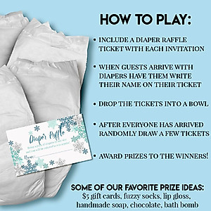 Amanda Creation Blue and Silver Snowflake Diaper Raffle Tickets for Boy Baby Showers, 20 2" X 3” Double Sided Insert Cards for Games, Bring a Pack of Diapers to Win Favors & Prizes!