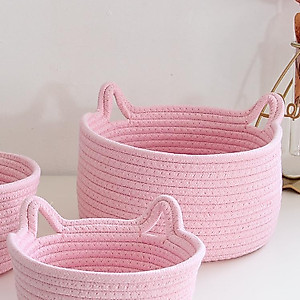 Cafshion Small Toy Basket with Cat Ears, Cute Basket Toy Organizer with Handles Woven Cotton Rope Basket Decorative Basket Nursery Bins & Boxes Gift Basket Empty for Baby Pet Toy Storage