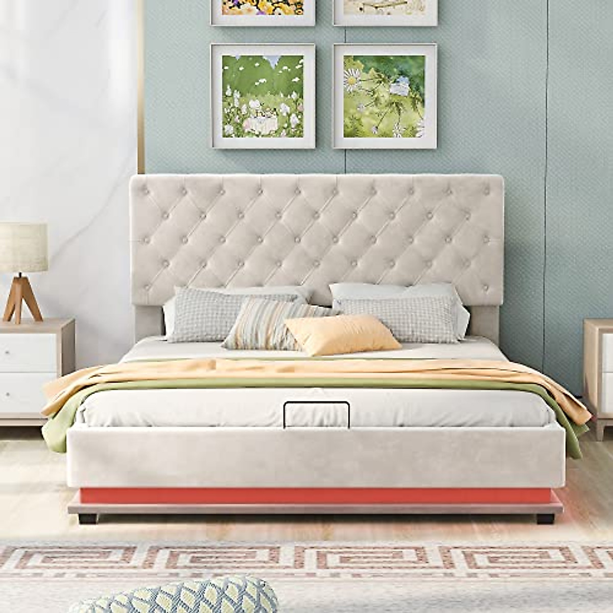 SOFTSEA Queen Size Lift Up Storage Bed with LED Lights, Velvet Upholstered Platform Bed with Adjustable Headboard, Hydraulic Storage Platform Bed for Kids Adults (Beige)
