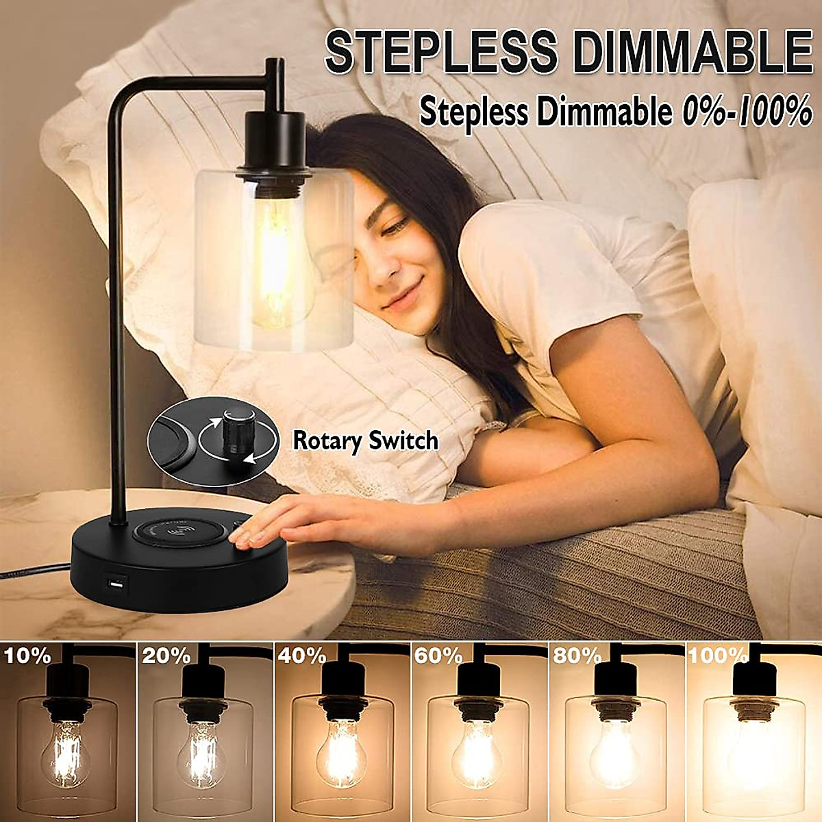 E-Senior Set of 2 Industrial Table Lamp, Wireless Charging Nightstand Lamp, Bedside Lamp with USB, Fully Stepless Dimmable Table Lamp for Bedroom Living Room Office (LED Bulbs Included)