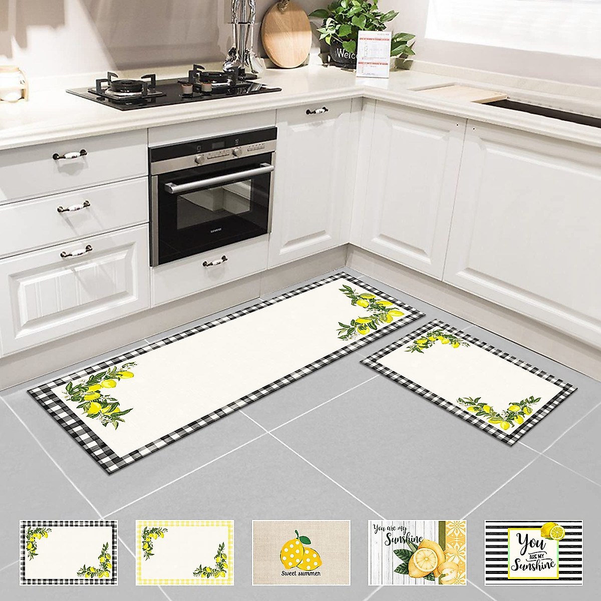 Lemon Kitchen Mats and Rugs Set, 2 Pcs Kitchen Mats for Floor, Non slip Kitchen Mat Waterproof Machine Washable Kitchen Rugs, Home Decor for Kitchen, Office, Laundry (19.7x31.5in+19.7x63in)