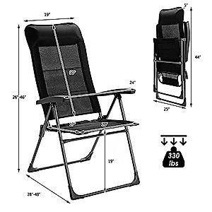 Goplus Folding Patio Sling Chairs, Portable Dining Chair with Headrest, 7 Level Adjustable Backrest, Outdoor Sling Back Chairs for Camping Backyard Garden, Set of 2