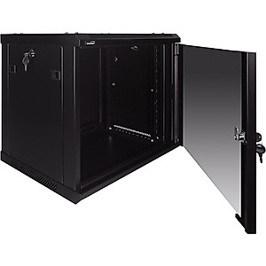 NavePoint 9U Server Rack Enclosure - 17.7” Deep, 9U Wall Mount Network Cabinet with Locking Glass Door for 19” IT Equipment, 9U Network Rack with 2 Fans, Removable Side Panels, Black