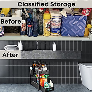 Storage King Under Sink Organizers and Storage, 2 Tier Kitchen & Bathroom Cabinet Basket, Storage Shelf with Sliding Drawers, Multi-Purpose Sink Organizer with Hooks & Cups & Non Slip Mat, Black