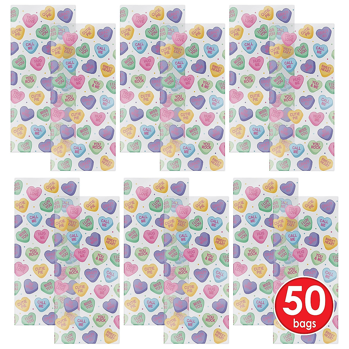 Beistle 50 Piece Candy Heart Valentine's Day Cellophane Bags, Plastic Cello Treat Holders, Twist Ties Included, Celebrating With You Since 1900