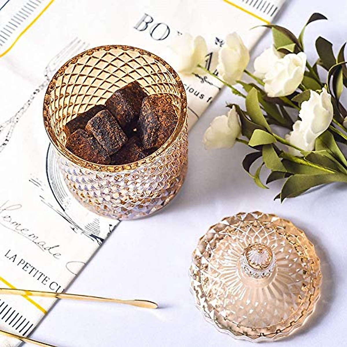 YOUDirect Apothecary Jar, 20 OZ Glass Qtip Holder with Lid, Luxurious Crystal Canister Bathroom Counter Vanity Organizer for Bath Salts/Bombs Cotton Balls/Swabs/Rounds Makeup Sponges (Rose Gold)