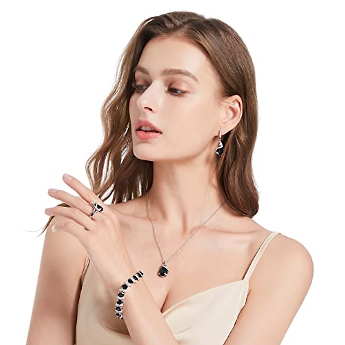 GZWHD Jewelry Set Gift for Women, Black Waterdrop Created Spinel, Party Prom Jewelry, Silver-Tone Earrings Necklace Bracelet Open Ring, Birthday Gifts for Best Friends Mom