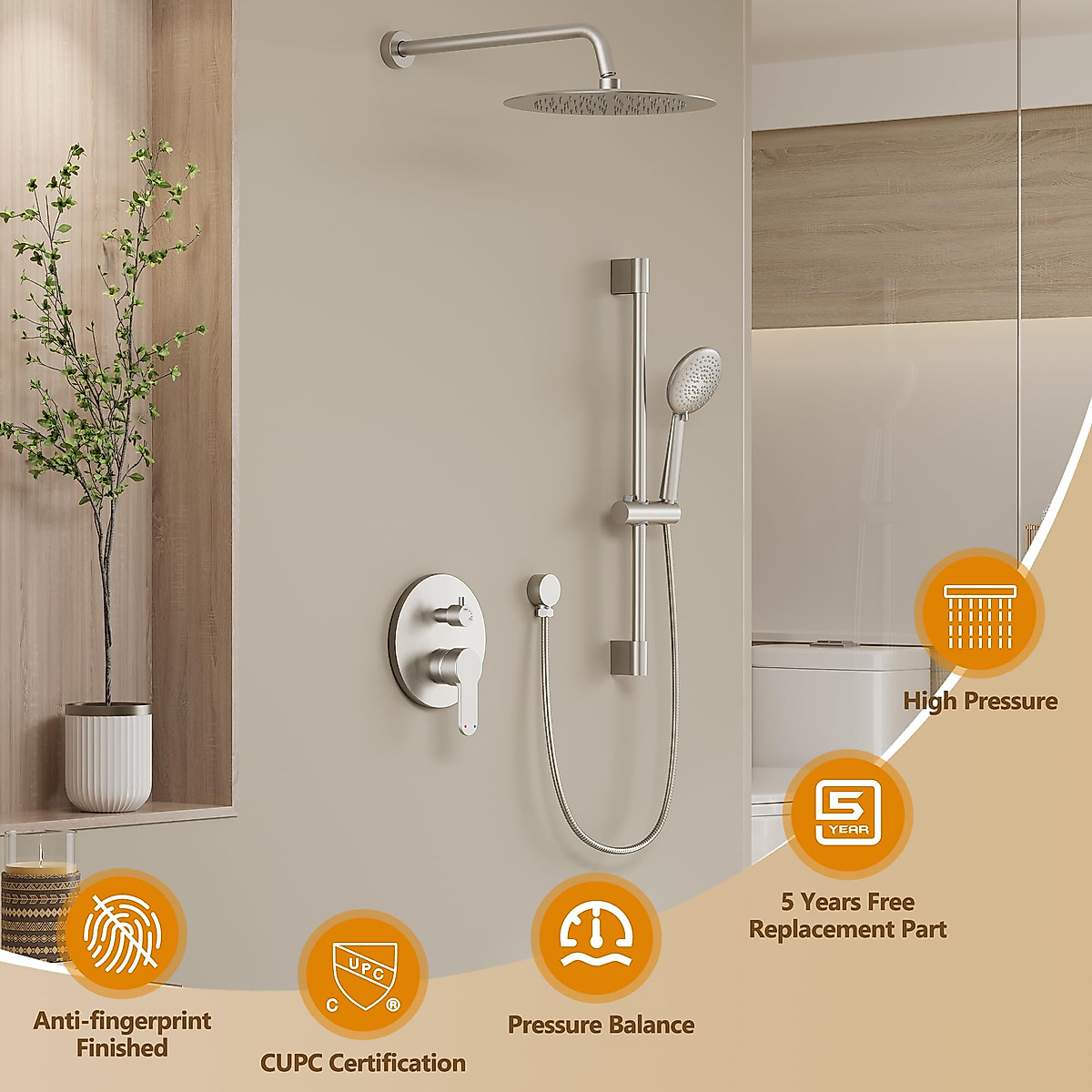 Gabrylly Slide Bar Shower System, Shower Faucet Set Complete with High Pressure 8" Rain Shower head and 5-Setting Handheld Shower Set, Shower Valve Include, Brushed Nickel