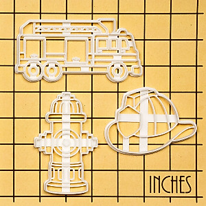 Set of 3 Fireman themed cookie cutters (Designs: Fire Truck, Fire Hydrant, and Fire Helmet), 3 pieces - Bakerlogy