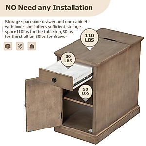 P PURLOVE Classic Vintage Living Room End Table, Wooden Side Table with USB Ports and One Multifunctional Drawer with Cup Holders (Antique Brown)