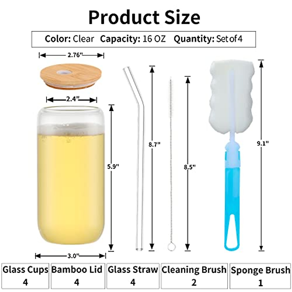 Woisut Glass Cups with Lids and Straws 4pcs Set - 16oz Drinking Glasses, Beer Glasses, Iced Coffee Cups, Cute Glass Tumbler for Smoothie, Milk Tea, Whiskey, Gifts for Women Men