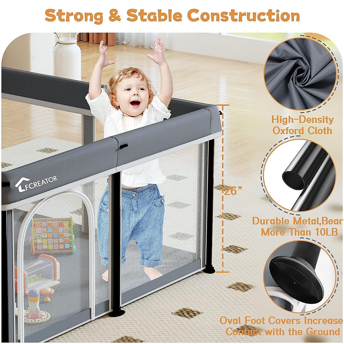 LFCREATOR Foldable Baby Playpen, Playpen for Babies and Toddlers Indoor & Outdoor,Baby Activity Center with Visible Breathable Mesh,50”×50”（Grey）