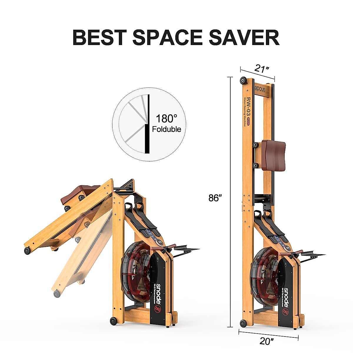 SNODE Wood Water Rowing Machine for Home Use, Foldable Rower Machine, Imported Beech Wood, Rower Machine with Bluetooth and LCD Monitor, Soft Seat