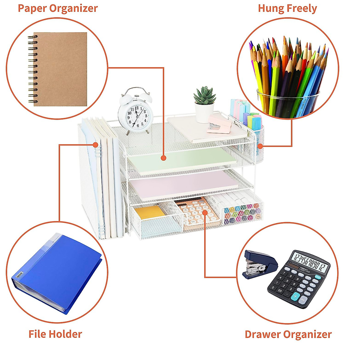 ORDROLL Desk Paper Organizers and Accessories - 4-Tier Paper Letter Tray Organizer with File Holder,Drawer and 2 Pen Holders,Desk Accessories & Workspace Organizers for Office,School,Home(White)