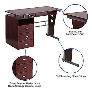 EMMA + OLIVER Mahogany Desk with Three Drawer Pedestal and Keyboard Tray