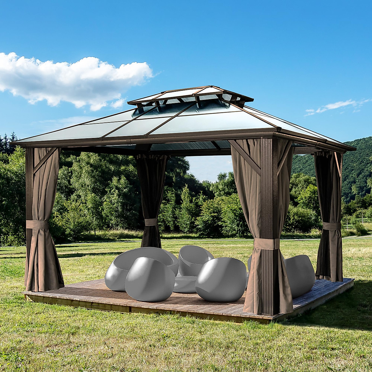 10'x13'Hard top Gazebo Patio Pavilion Double Room PC Roof Canopy Outdoor Aluminum Frame Permanent Metal Pavilion with Net and Curtain, Suitable for Backyard, Garden, Lawn (Brown)